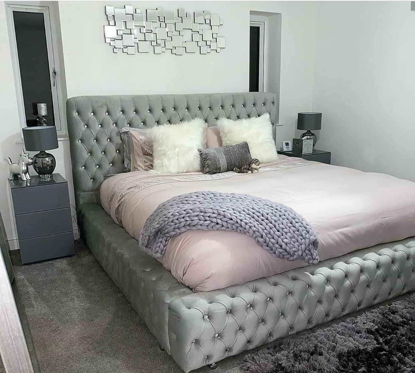 Velvet upholstered platform bed store